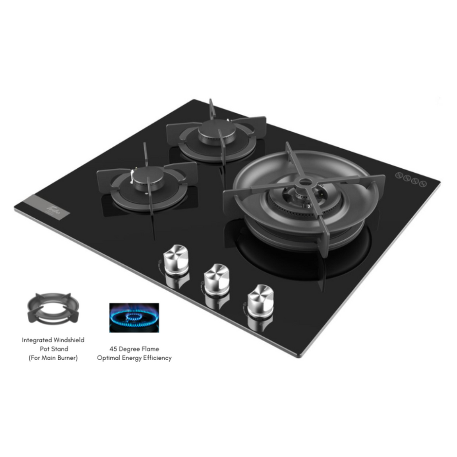 Turbo T6603GV - 58cm Tempered Glass Gas Hob 3 Burners – Hob Hood SG